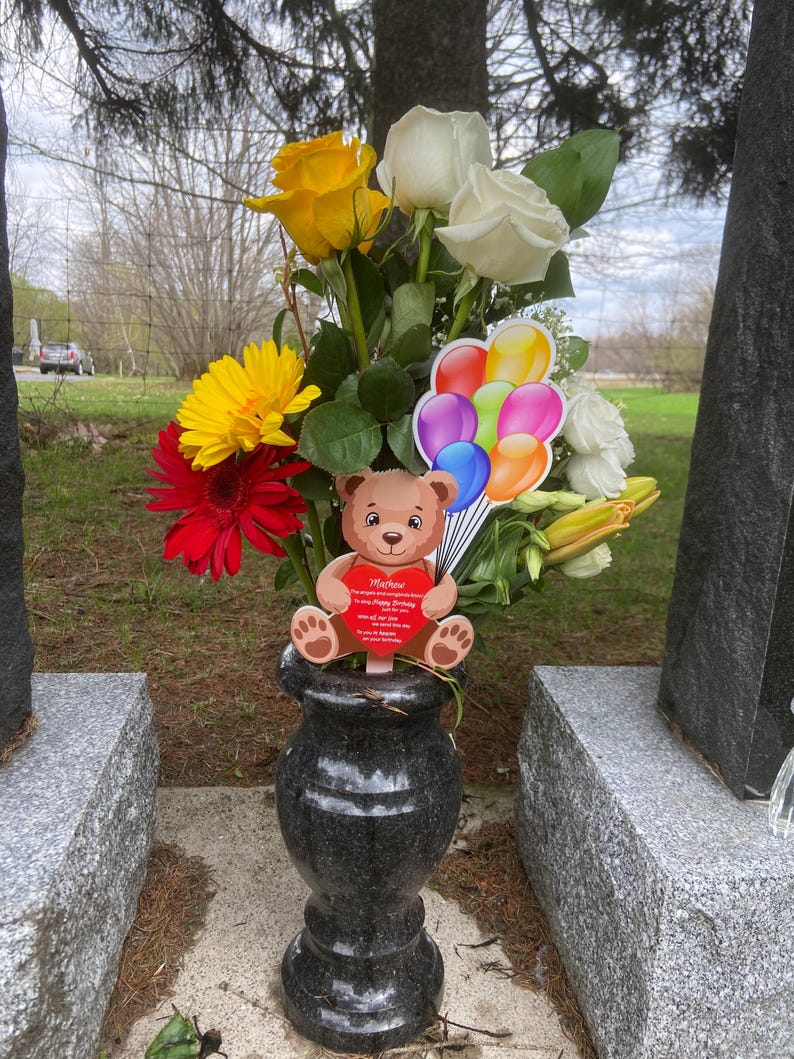 Teddy Bear Holding Balloons & Heart Cemetery Stake / Garden Decoration ...