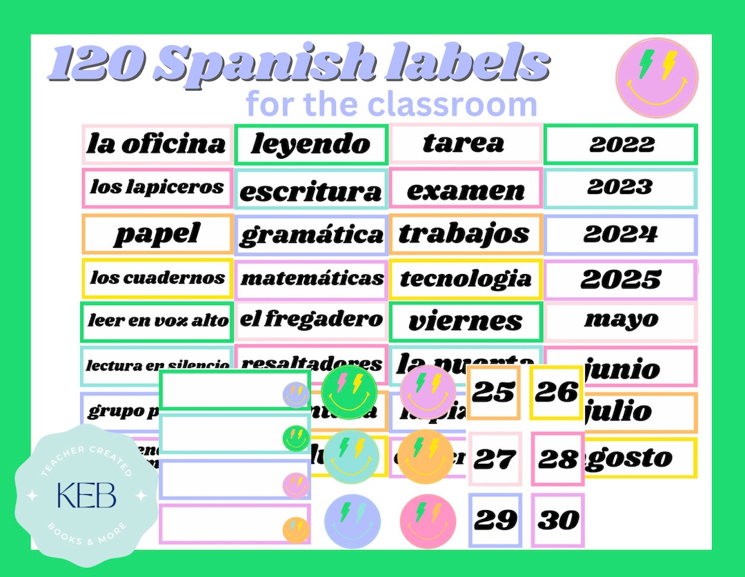120 Bright Spanish Labels for the Classroom - Etsy