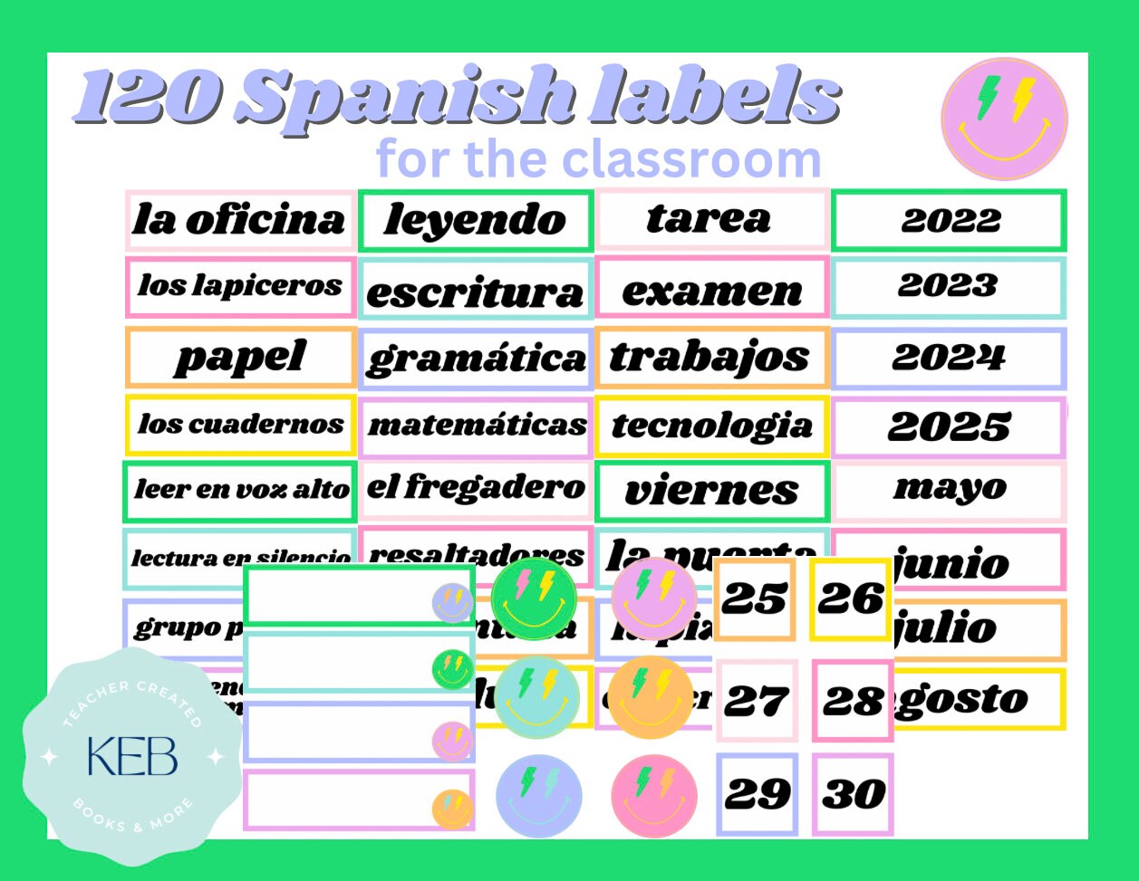 120 Bright Spanish Labels for the Classroom - Etsy