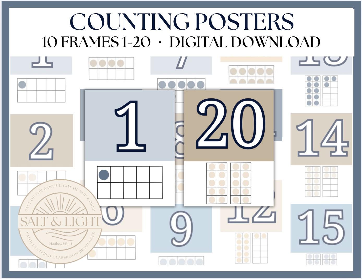 Neutral Ten Frame Posters 1-20 | Classroom Decor Numbers | Counting ...