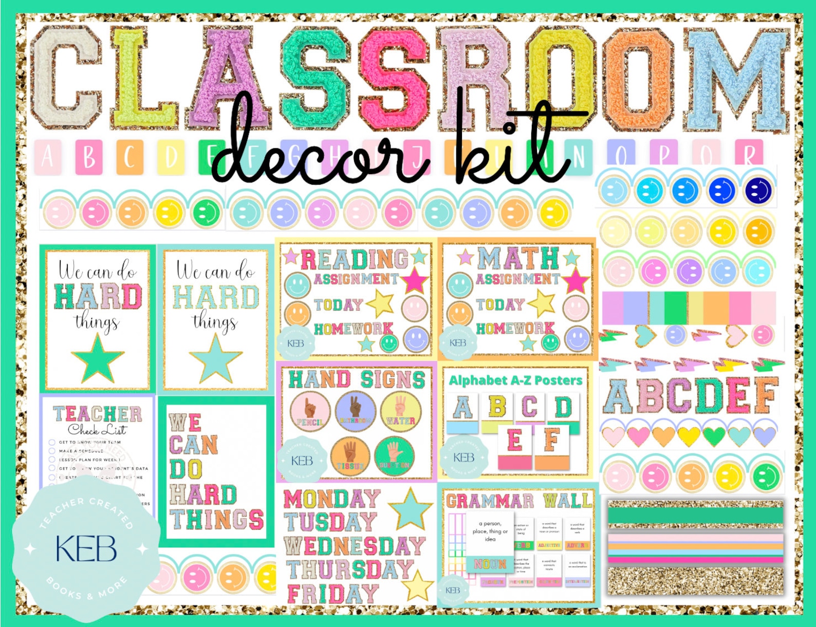 Bright Varsity Glitter Classroom Decor Kit Bundle - Etsy