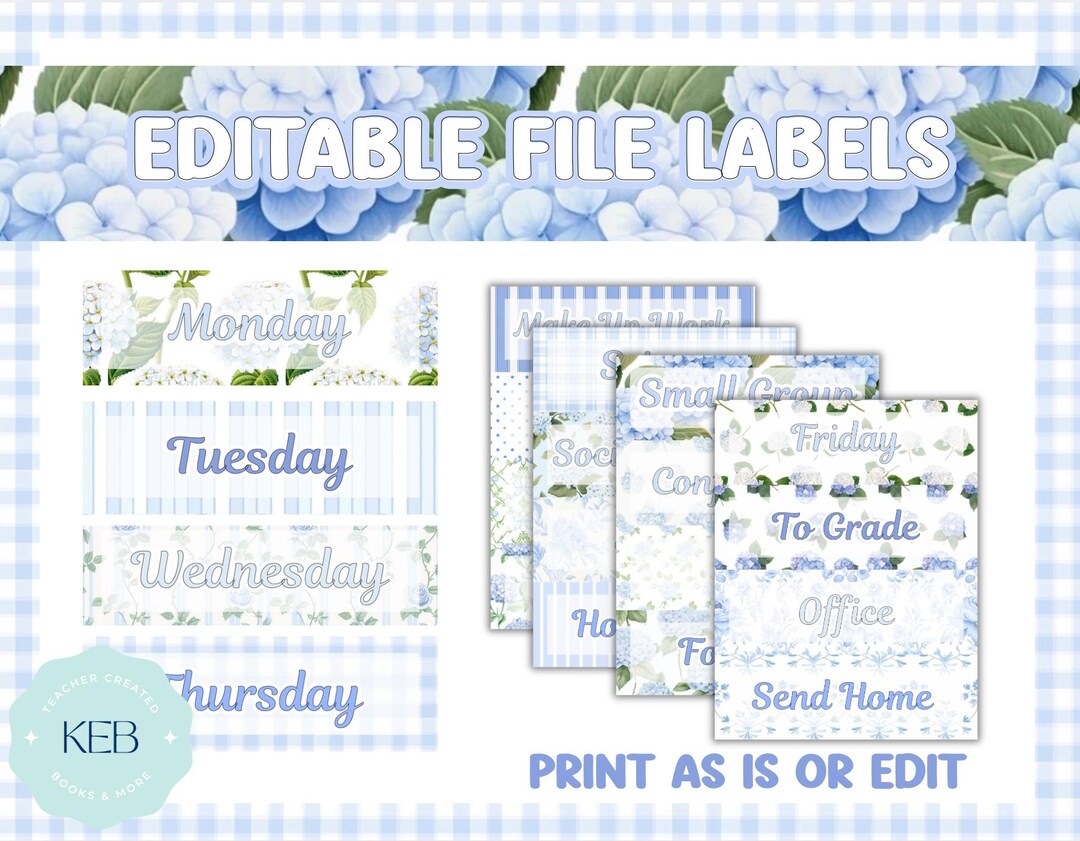 Editable Preppy Blue Hydrangea Labels - Etsy