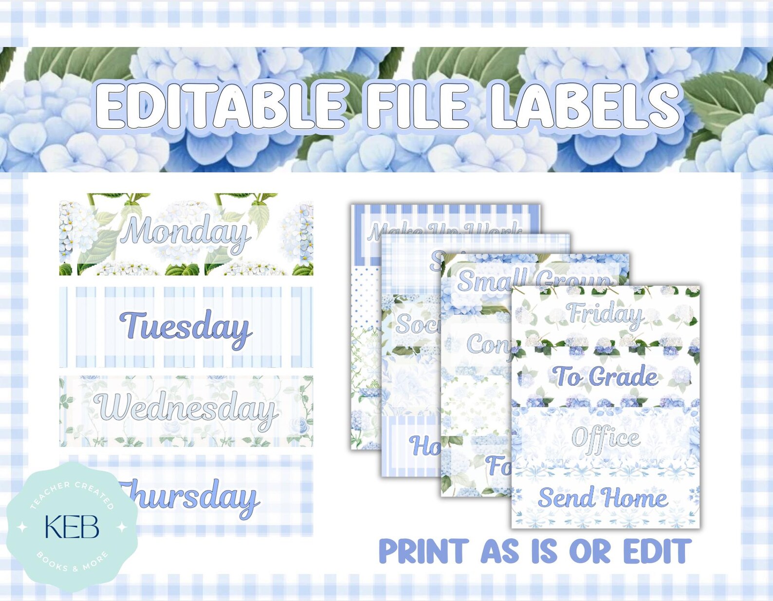Editable Preppy Blue Hydrangea Labels - Etsy