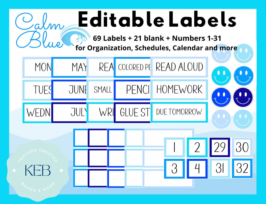 121 Editable Calm Blue Classroom Labels for Everything & Calendar Flip ...