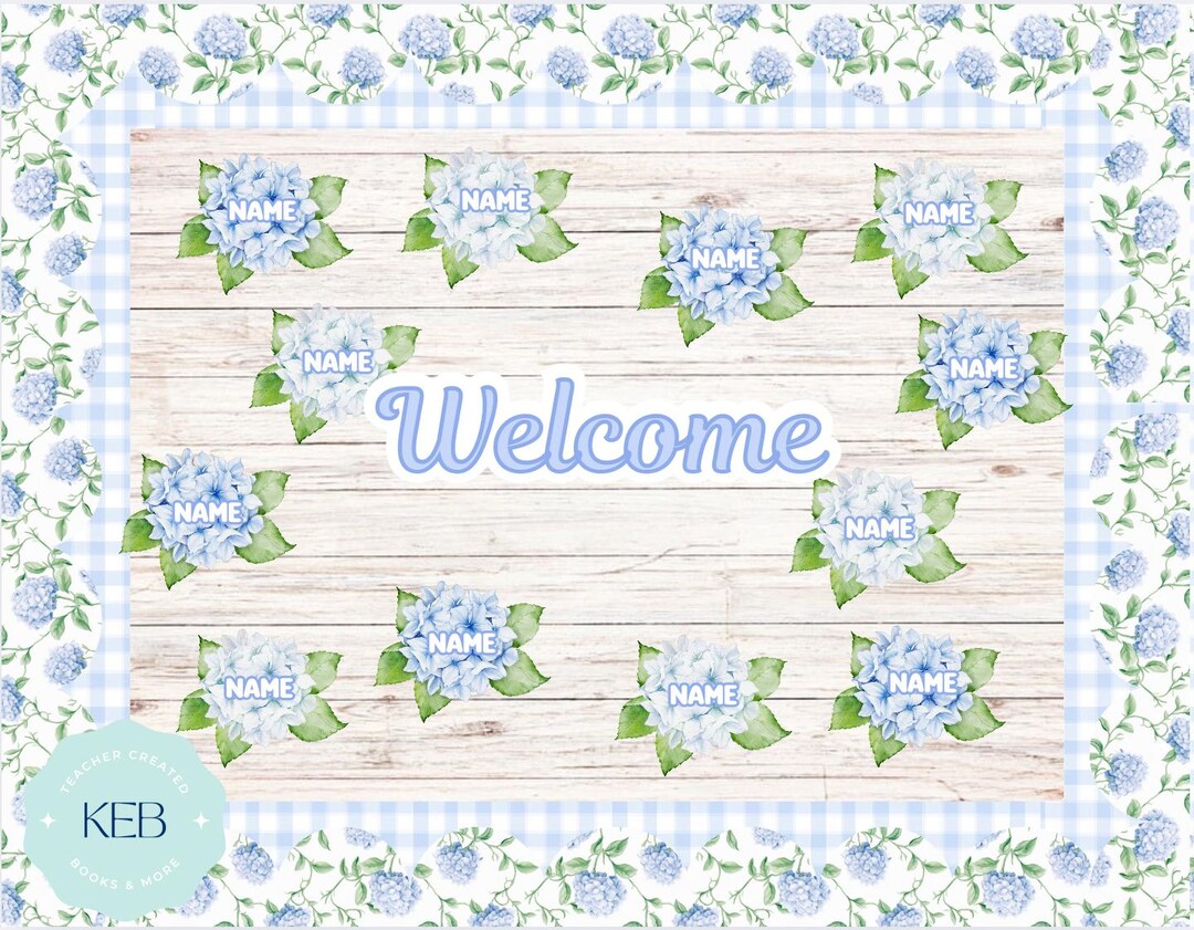 Editable Preppy Blue Hydrangea Welcome Class Names Bulletin Board - Etsy