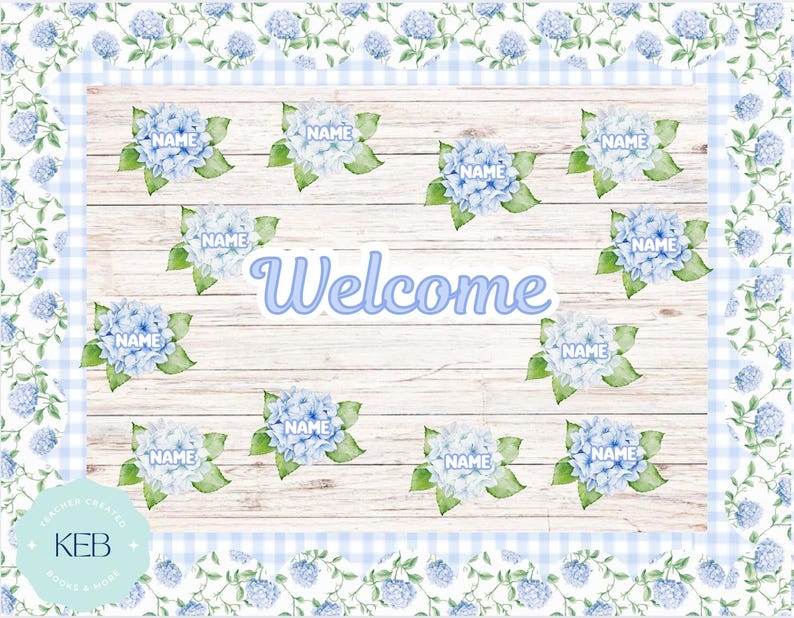 Editable Preppy Blue Hydrangea Welcome Class Names Bulletin Board - Etsy