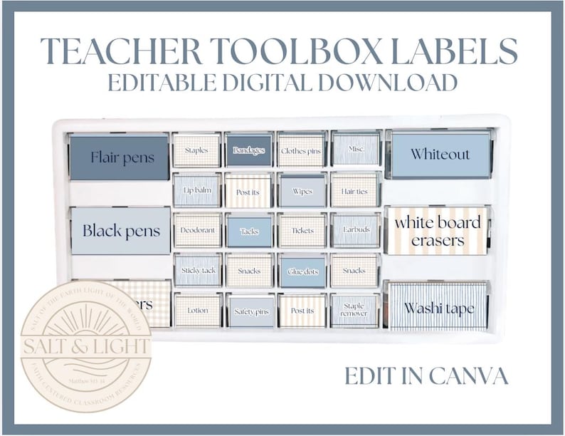 Editable Teacher Toolbox Labels | Canva Template | Neutral Blue ...