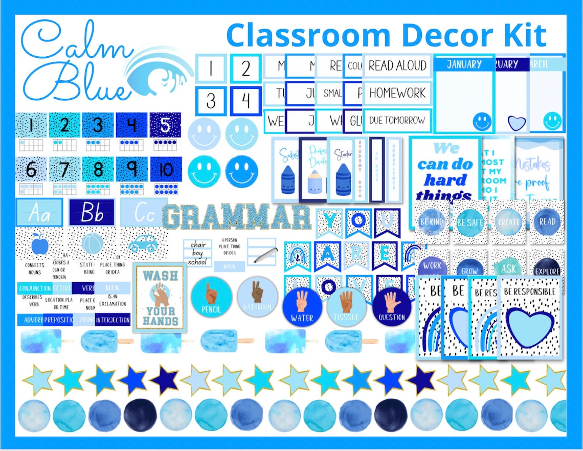 Editable Calm Blue Classroom Decoration Kit - Etsy