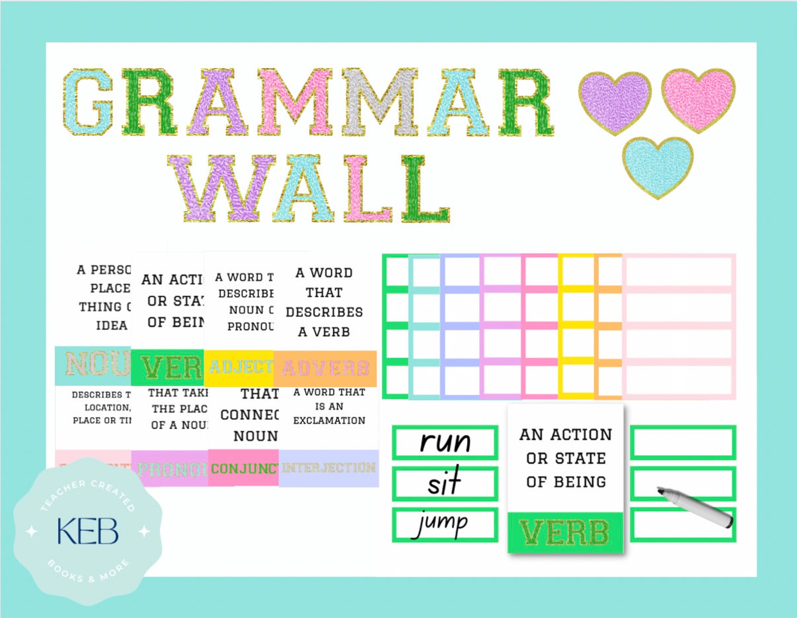 Rainbow Varsity Glitter Grammar Wall Kit for the Classroom - Etsy