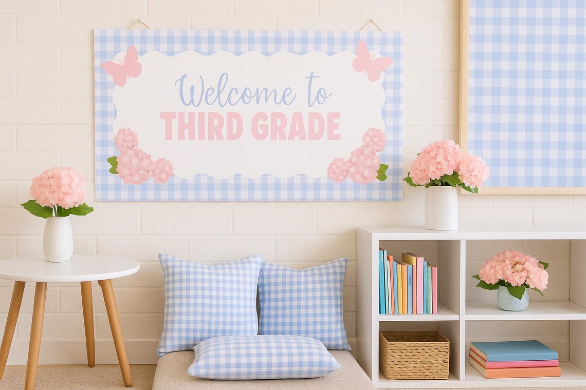 Welcome to Third Grade Vinyl Banner | 24x48 Pink Hydrangeas & Blue ...