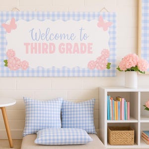 Welcome to Third Grade Vinyl Banner | 24x48 Pink Hydrangeas & Blue ...