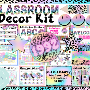 1992 Retro Rainbow Cheetah Classroom Decor Kit Bundle With 12 Products ...