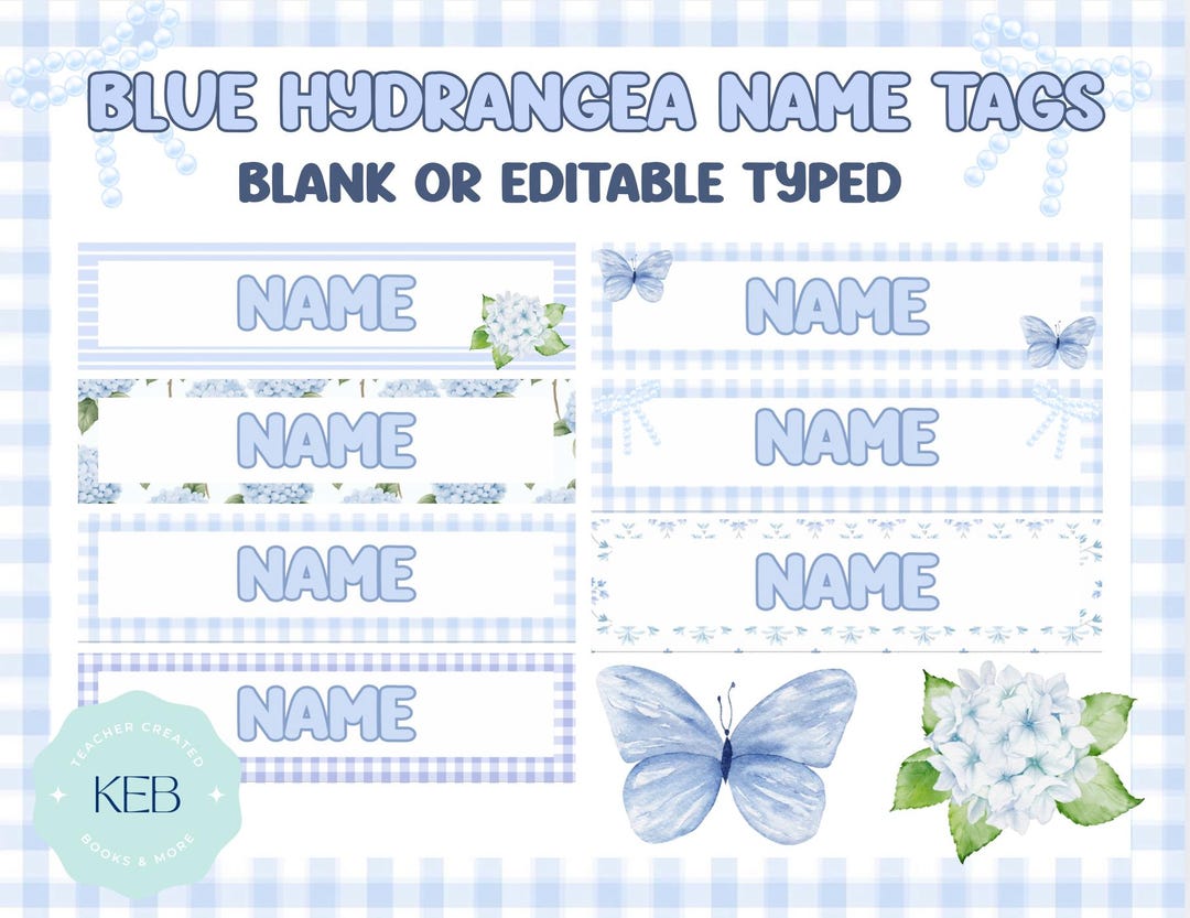 Editable or Blank Preppy Blue Hydrangea Name Tags - Etsy