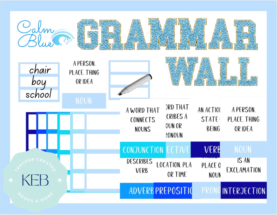 Calm Blue Varsity Glitter Grammar Wall Kit - Etsy