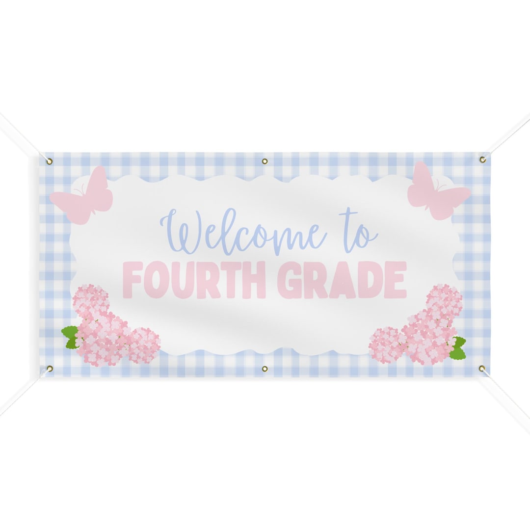 Welcome to Fourth Grade Vinyl Banner | 24x48 Pink Hydrangeas & Blue ...