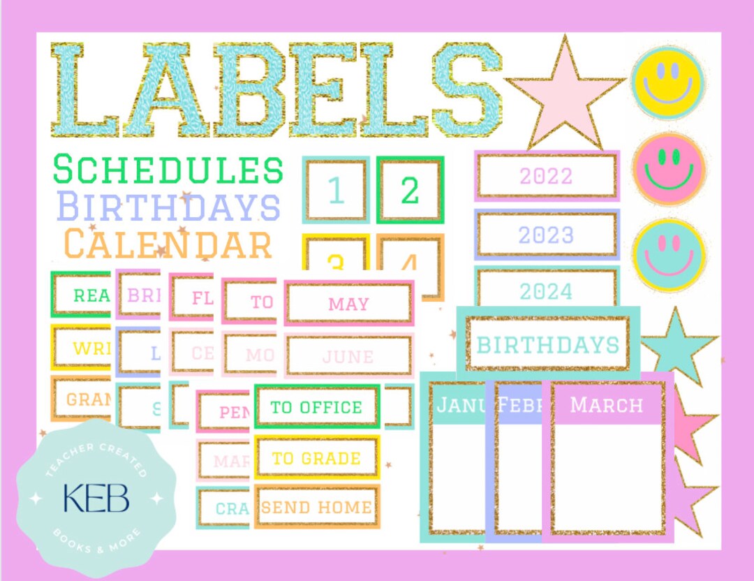 Rainbow Varsity Glitter Labels, Schedules, Calendar Flip Chart and ...
