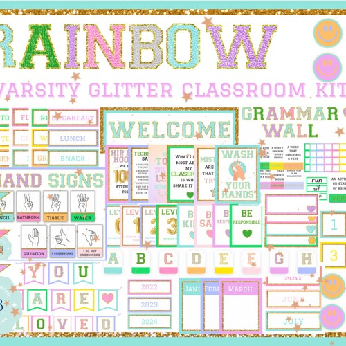 Rainbow Varsity Complete Classroom Decoration Kit - Etsy