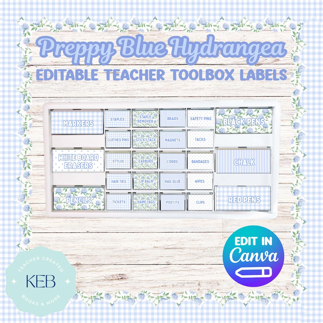 Preppy Blue Hydrangea Teacher Toolbox Labels | Editable in Canva or ...