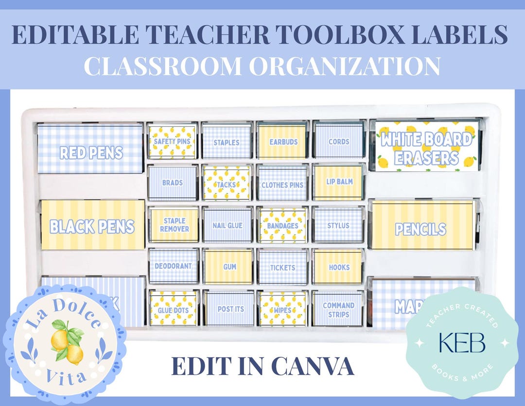 Editable Teacher Toolbox Labels | Coastal Italian Lemon Classroom Decor ...
