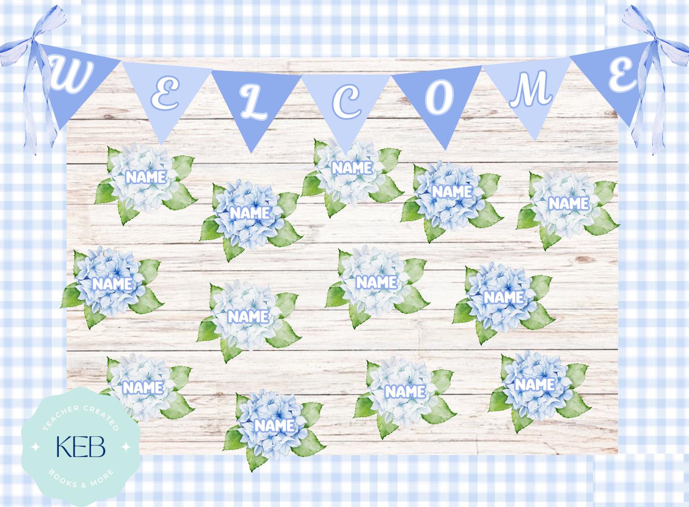 Editable Preppy Blue Hydrangea Welcome Class Names Bulletin Board - Etsy