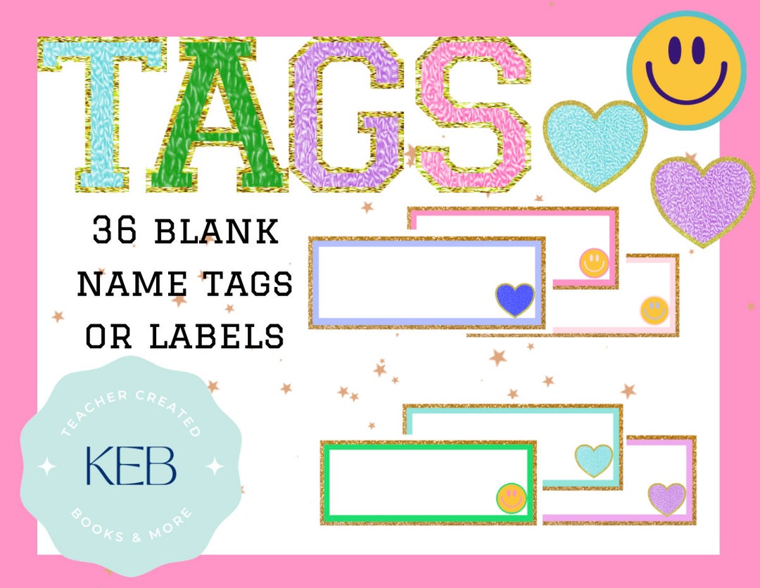 Rainbow Varsity Glitter Student Name Tags or Labels With Hearts and ...