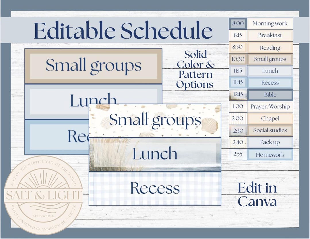 Editable Classroom Schedule Cards | Canva Template | Neutral Blue ...