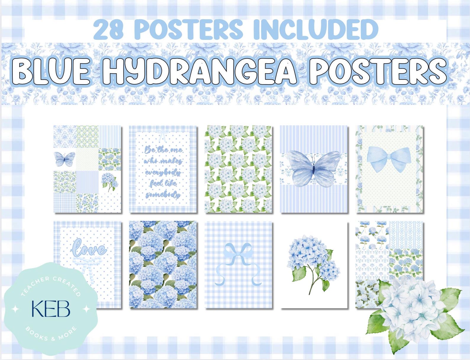 Preppy Blue Hydrangea Classroom Decor Bundle | Printable Teacher Decor ...