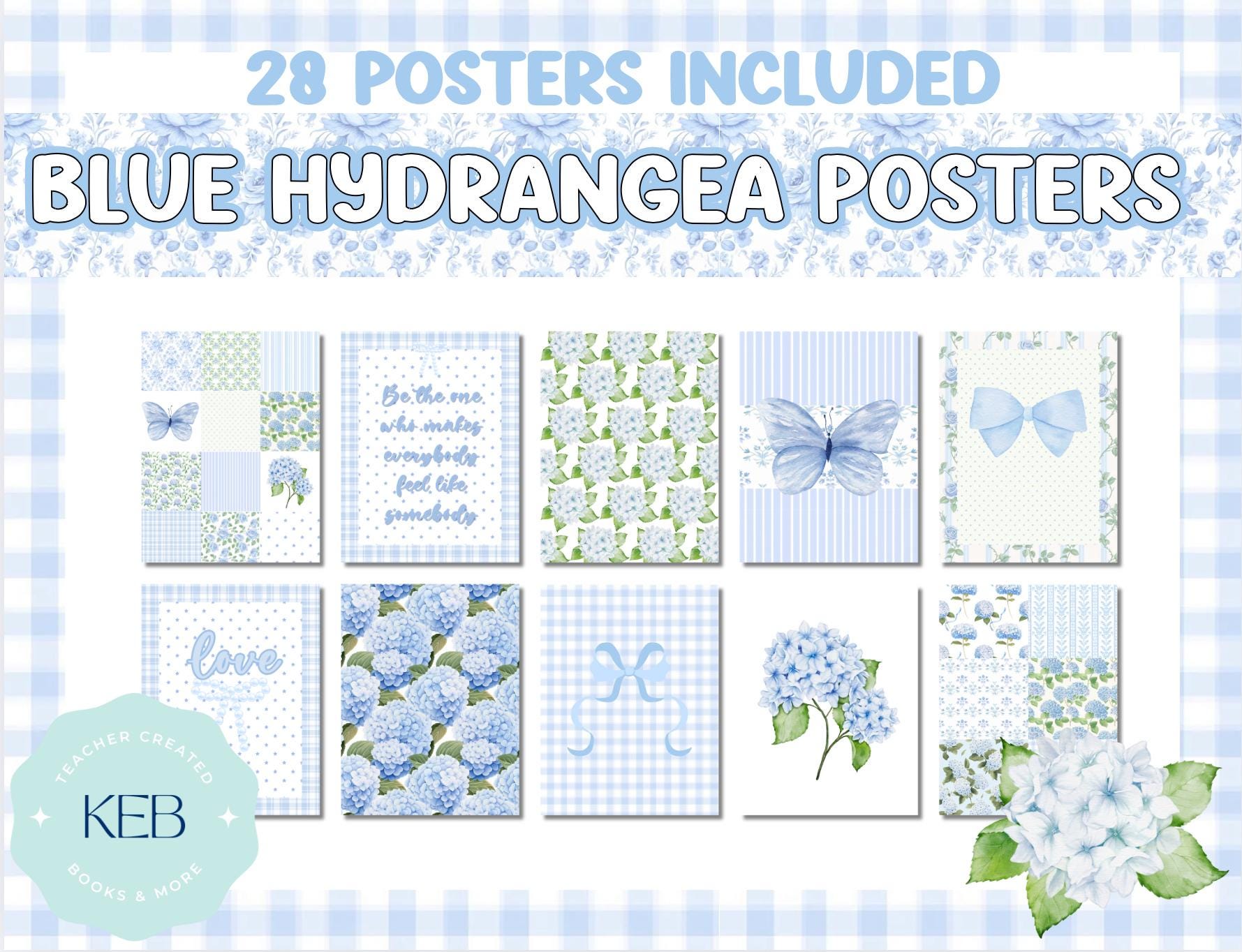 Preppy Blue Hydrangea Classroom Decor Bundle | Printable Teacher Decor ...