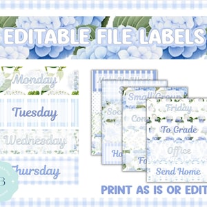 Preppy Blue Hydrangea Classroom Decor Bundle | Printable Teacher Decor ...