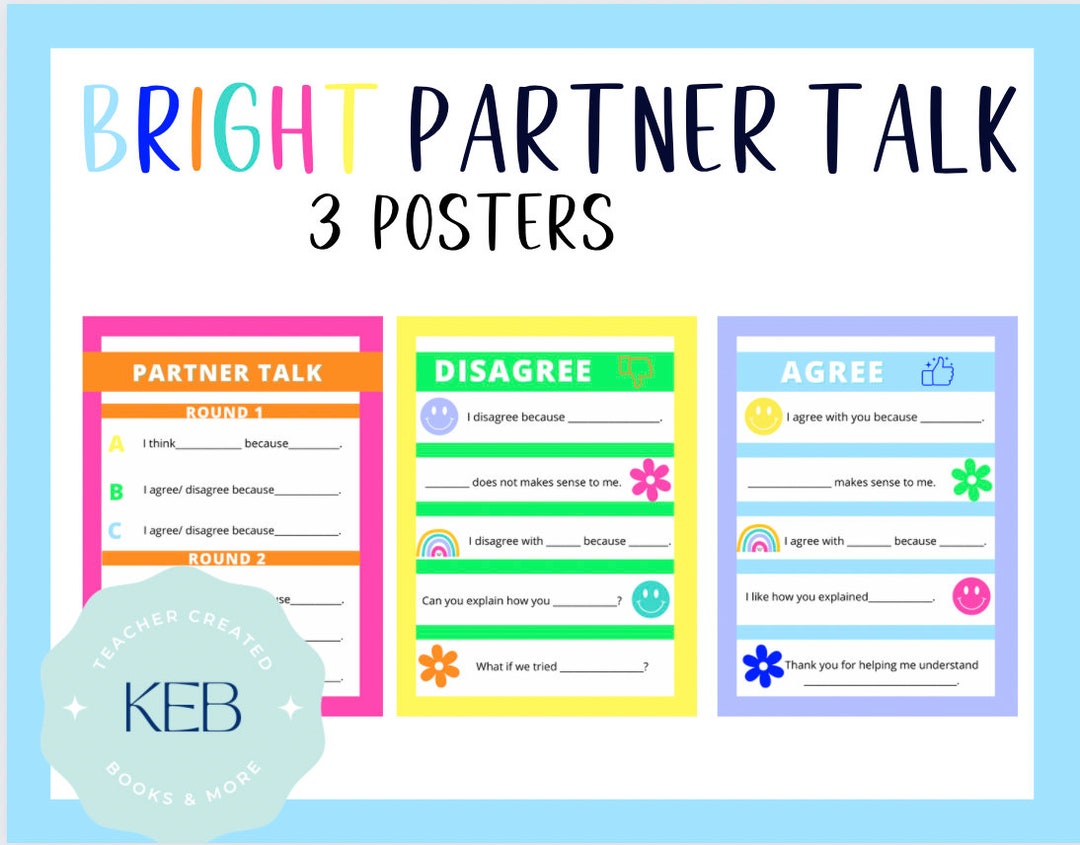 3 Bright Partner Talk & Sentence Frame Posters - Etsy