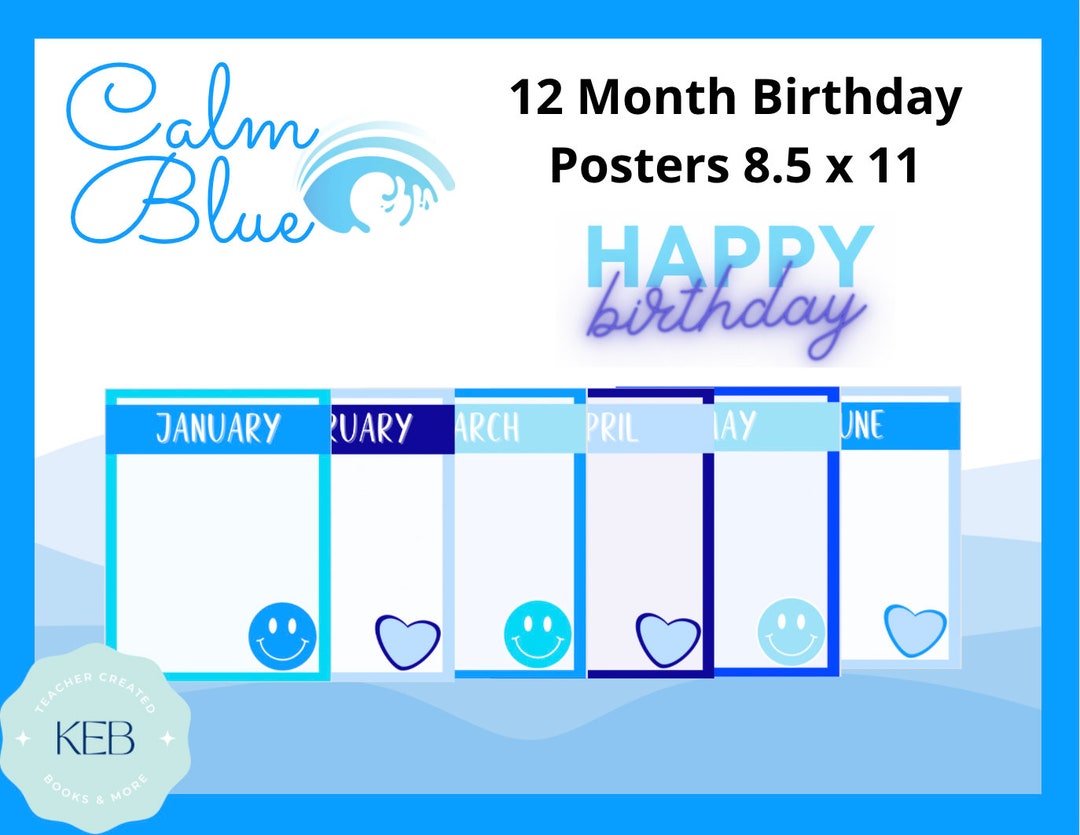 Calm Blue 12 Month Classroom Birthday Posters - Etsy