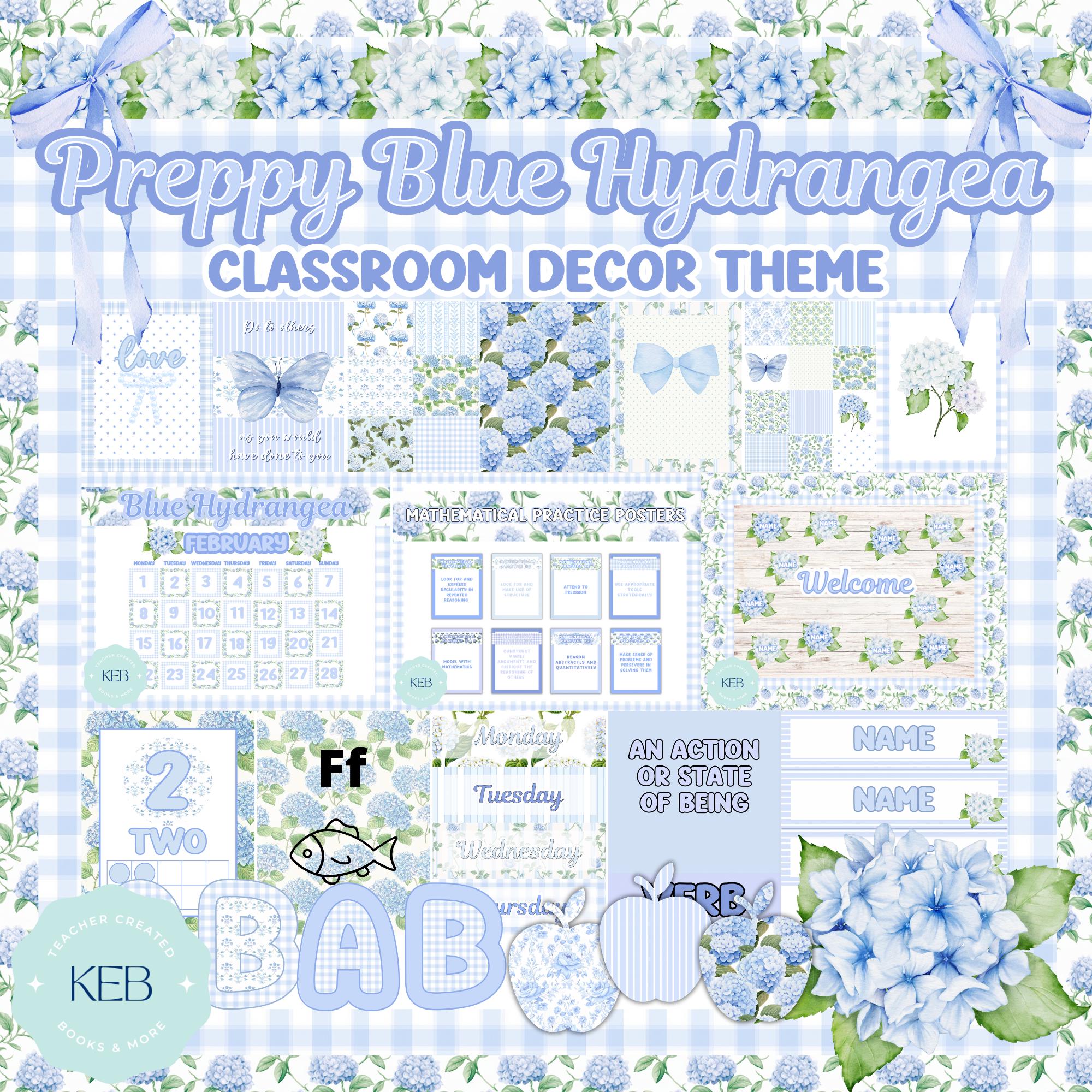 Preppy Blue Hydrangea Classroom Decor Bundle | Printable Teacher Decor ...