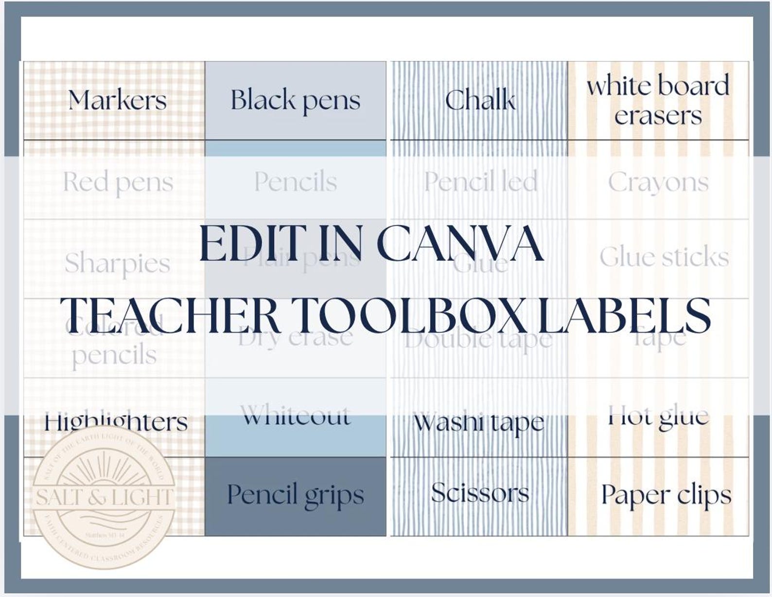 Editable Teacher Toolbox Labels | Canva Template | Neutral Blue ...
