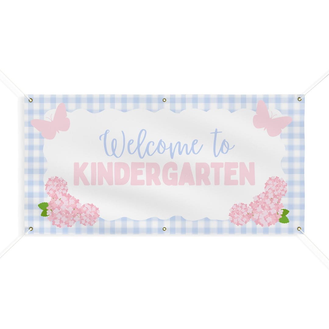 Welcome to Kindergarten Vinyl Banner 24x48 Pink Hydrangeas & Blue ...