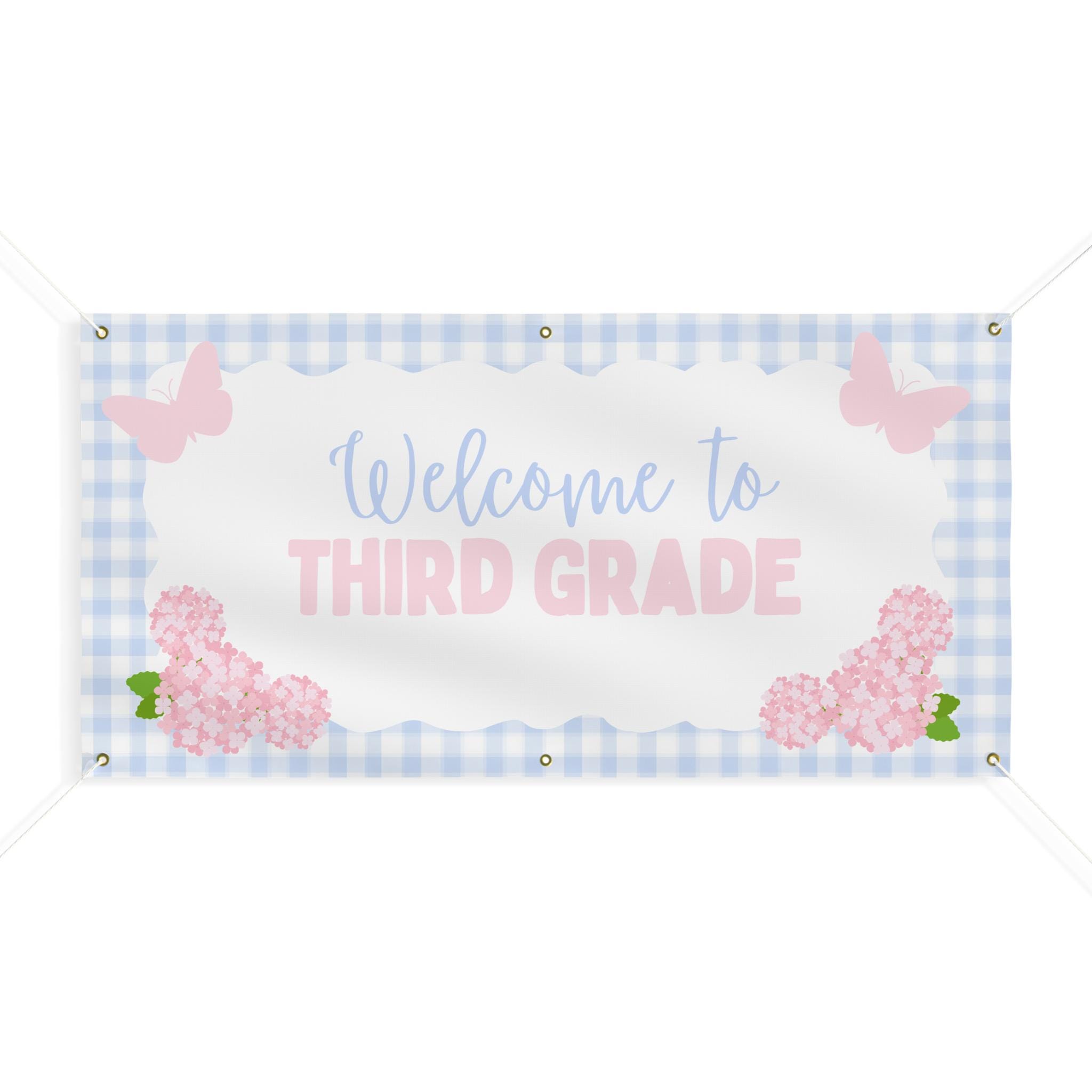 Welcome to Third Grade Vinyl Banner | 24x48 Pink Hydrangeas & Blue ...