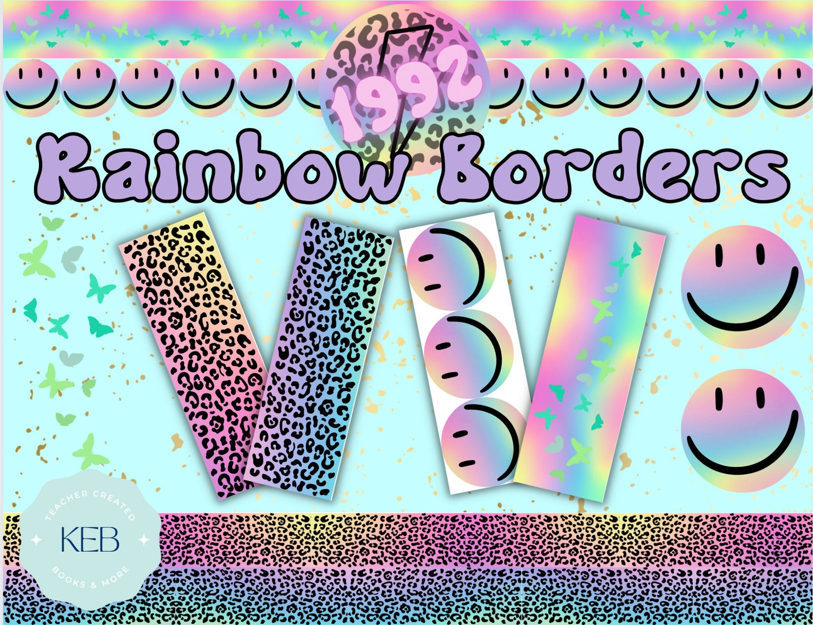 1992 Retro Rainbow Cheetah Classroom Decor Kit Bundle With 12 Products ...