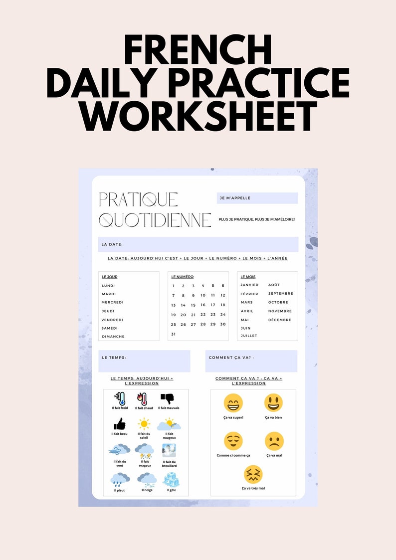 French Daily Practice Worksheet - Etsy