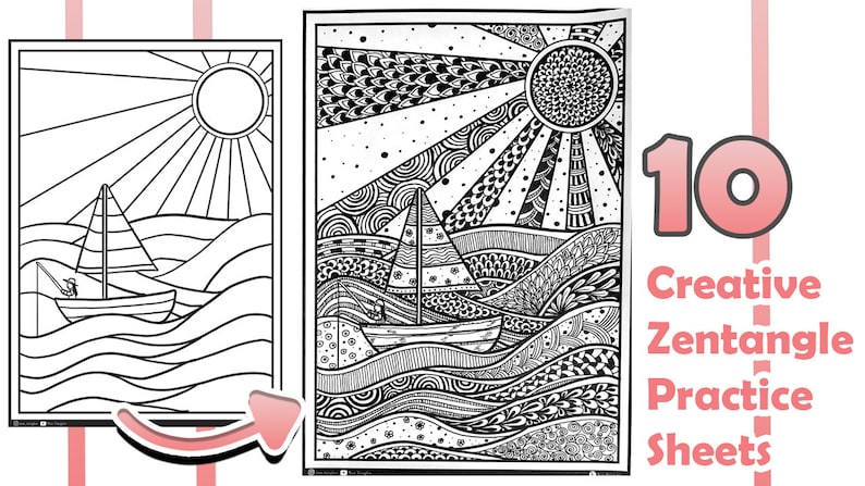 10 Creative Zentangle Patterns Practice Sheets, Botanical Zentangle ...
