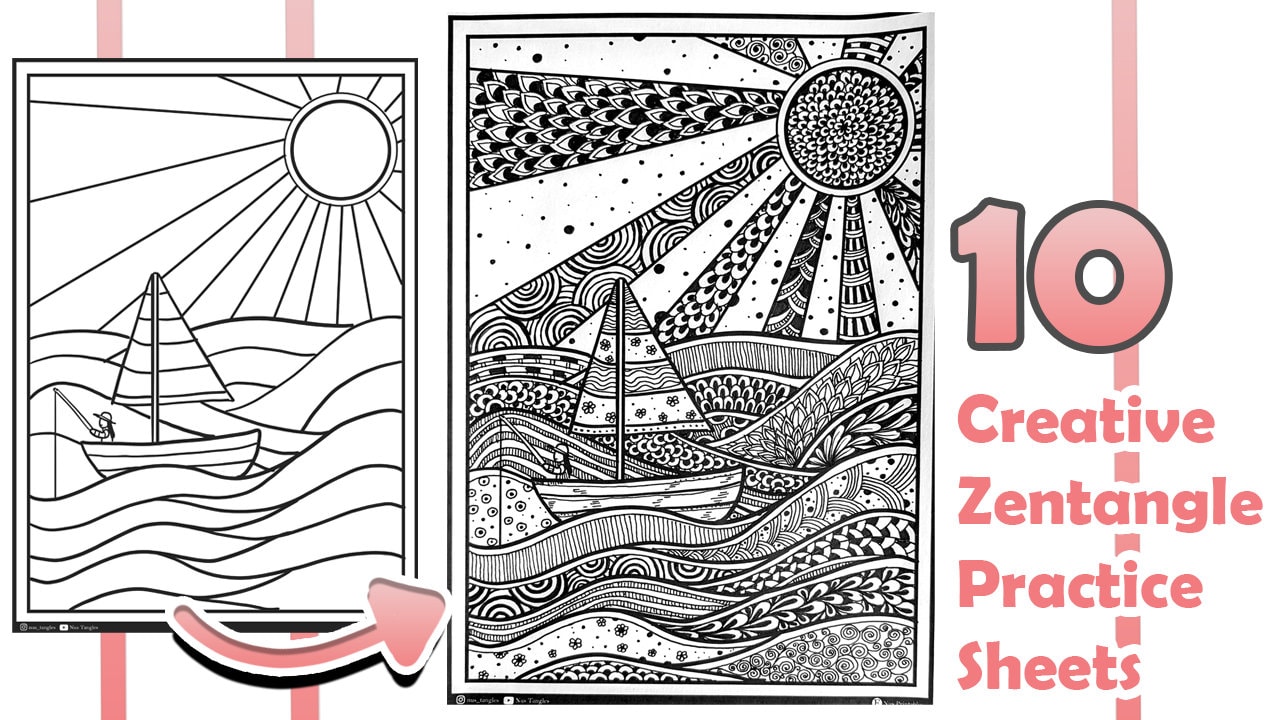 10 Creative Zentangle Patterns Practice Sheets, Botanical Zentangle ...