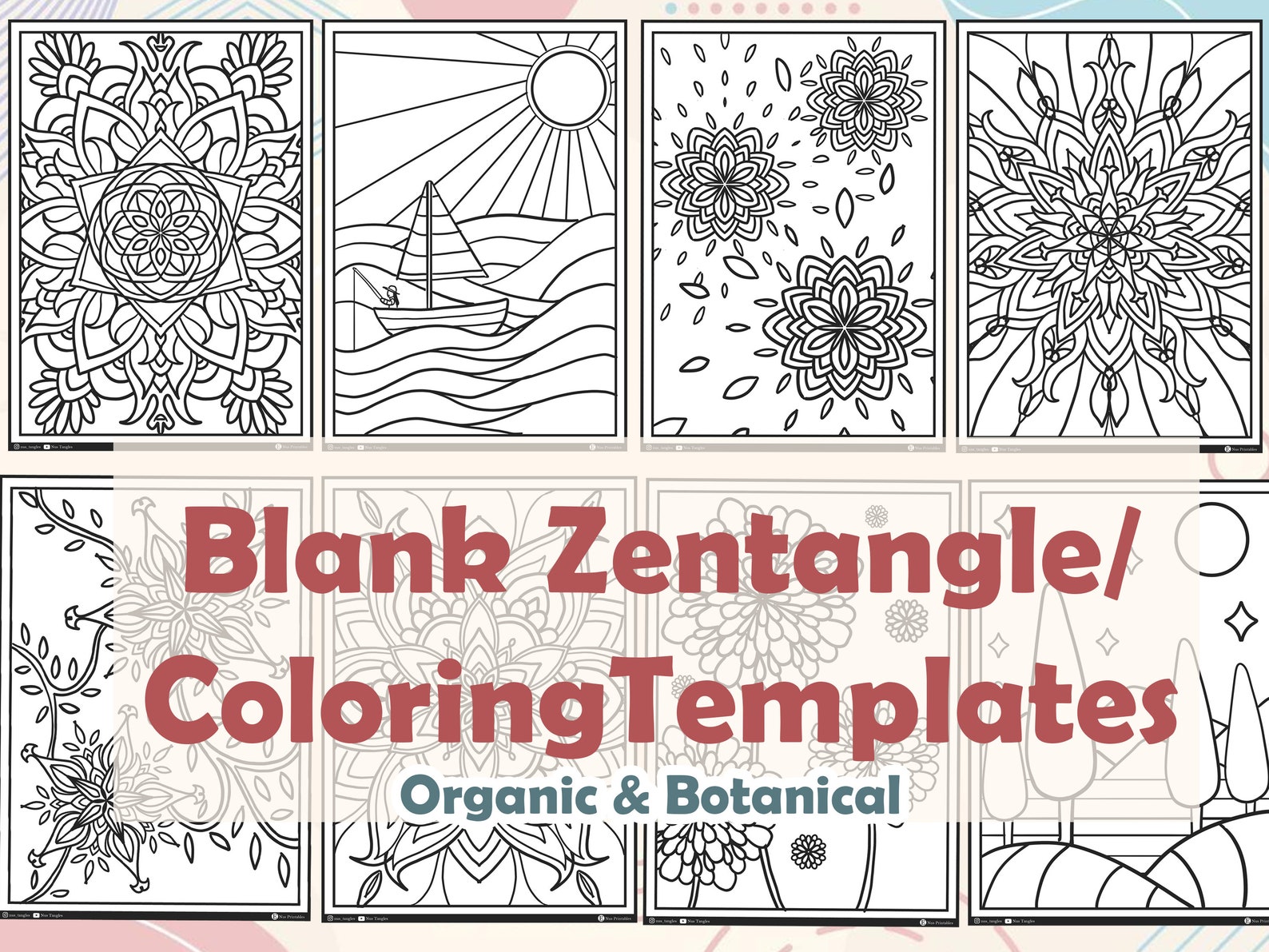 10 Creative Zentangle Patterns Practice Sheets, Botanical Zentangle ...