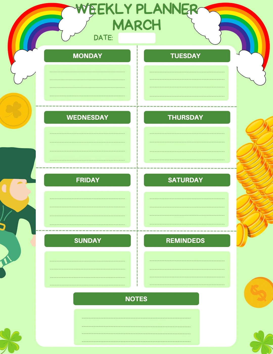 March Weekly Planner, St. Patrick's Day Themed, Not Dated, Printable - Etsy