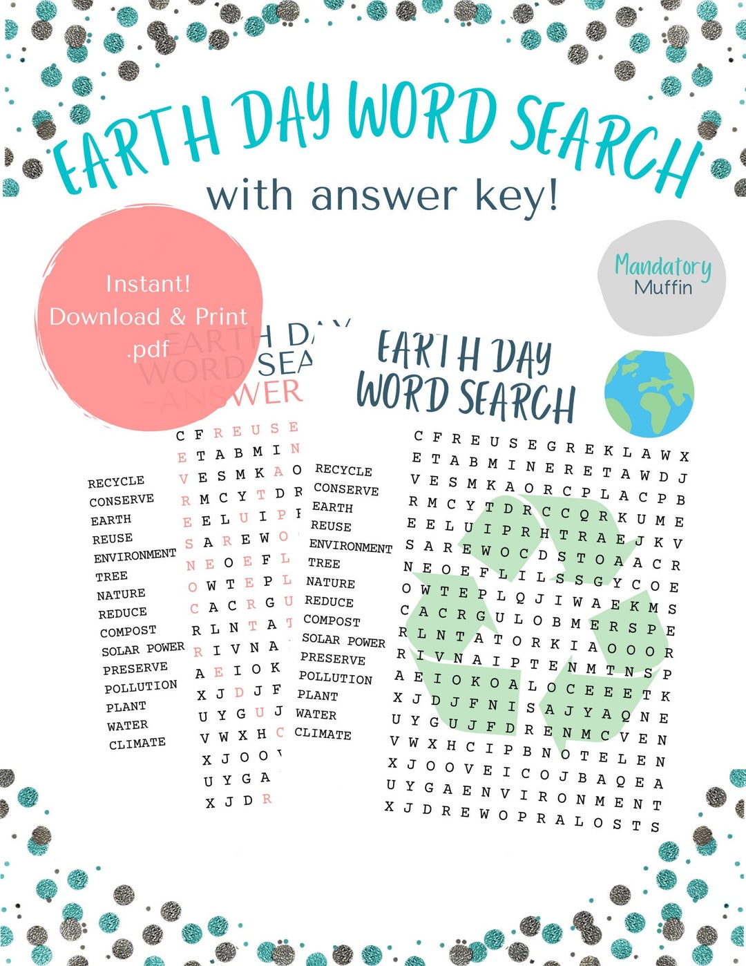 Earth Day Word Search, Printable Word Search, Earth Day Activity, Party ...