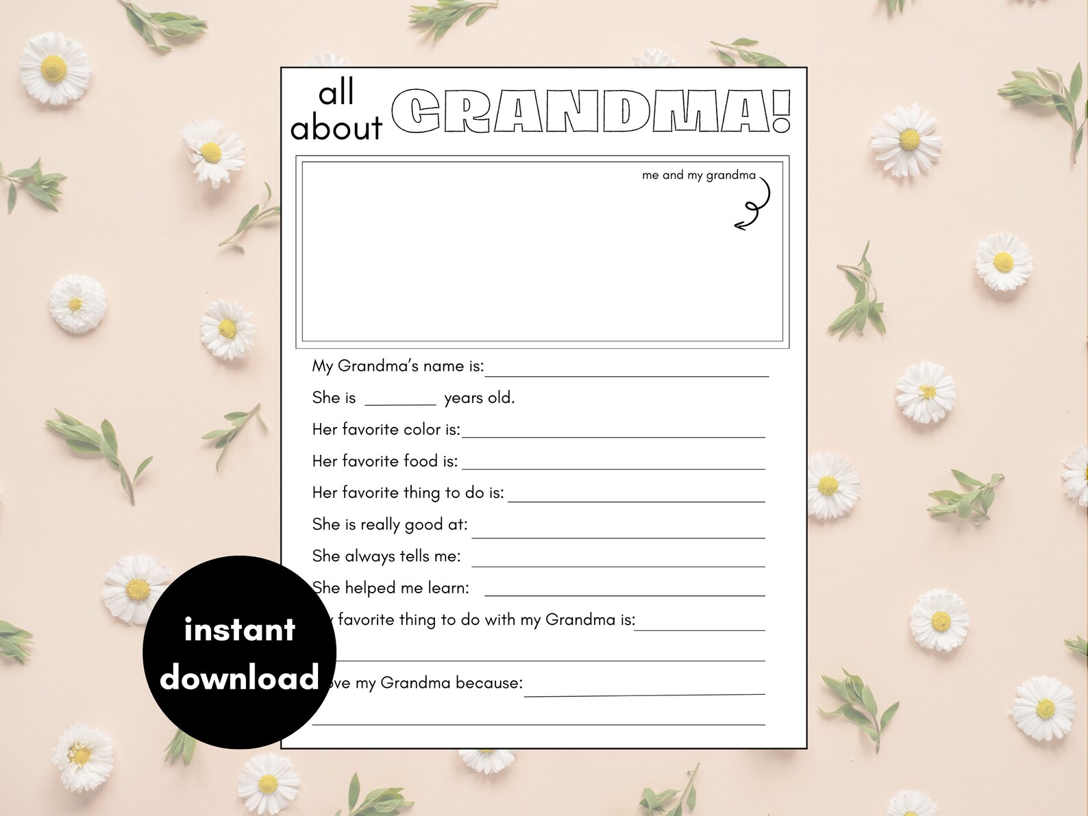 All About Grandma Printable, Grandparent's Day Gift, Grandparents Day ...