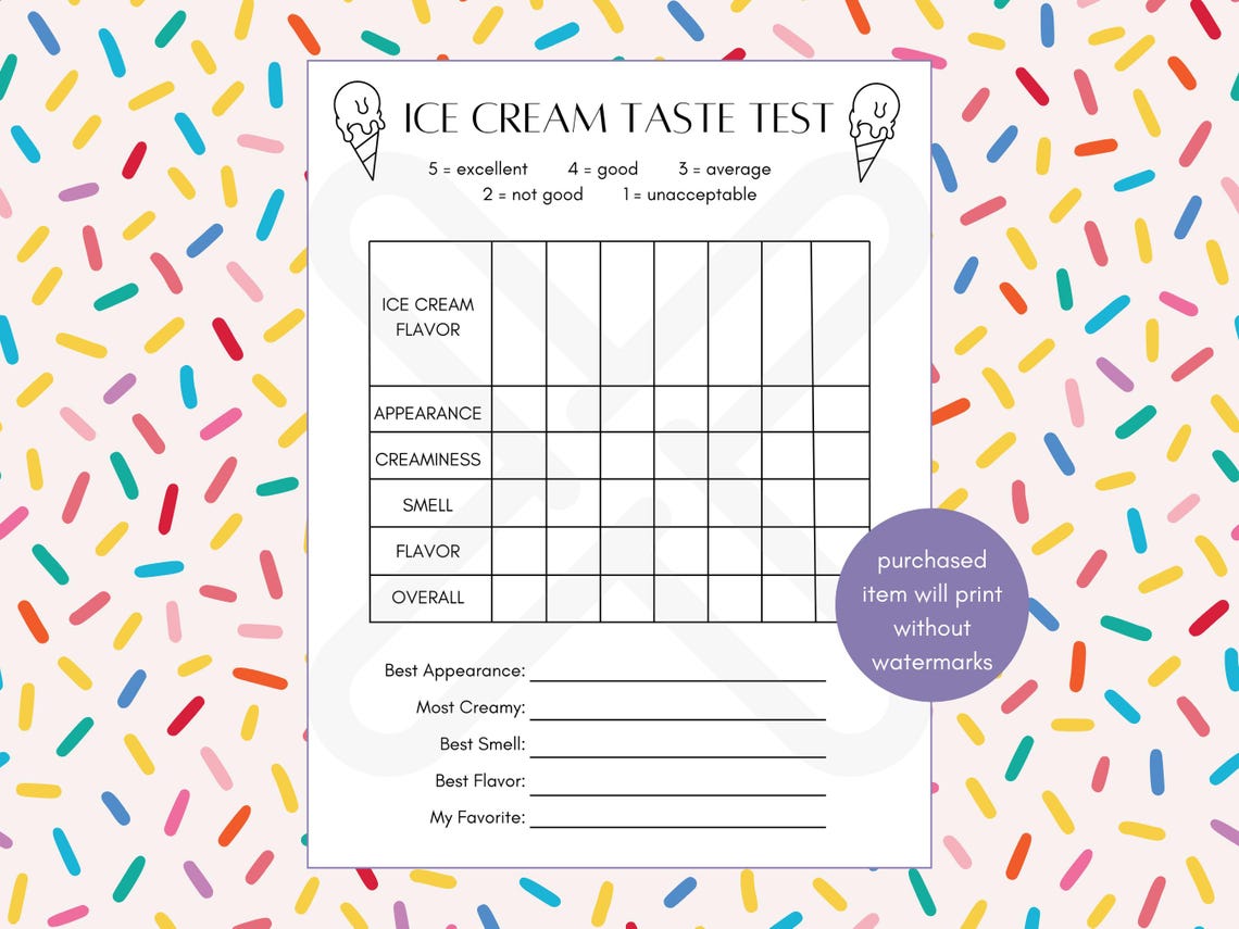 Ice Cream Taste Test, Ice Cream Tasting Score Card, Birthday Party Game ...
