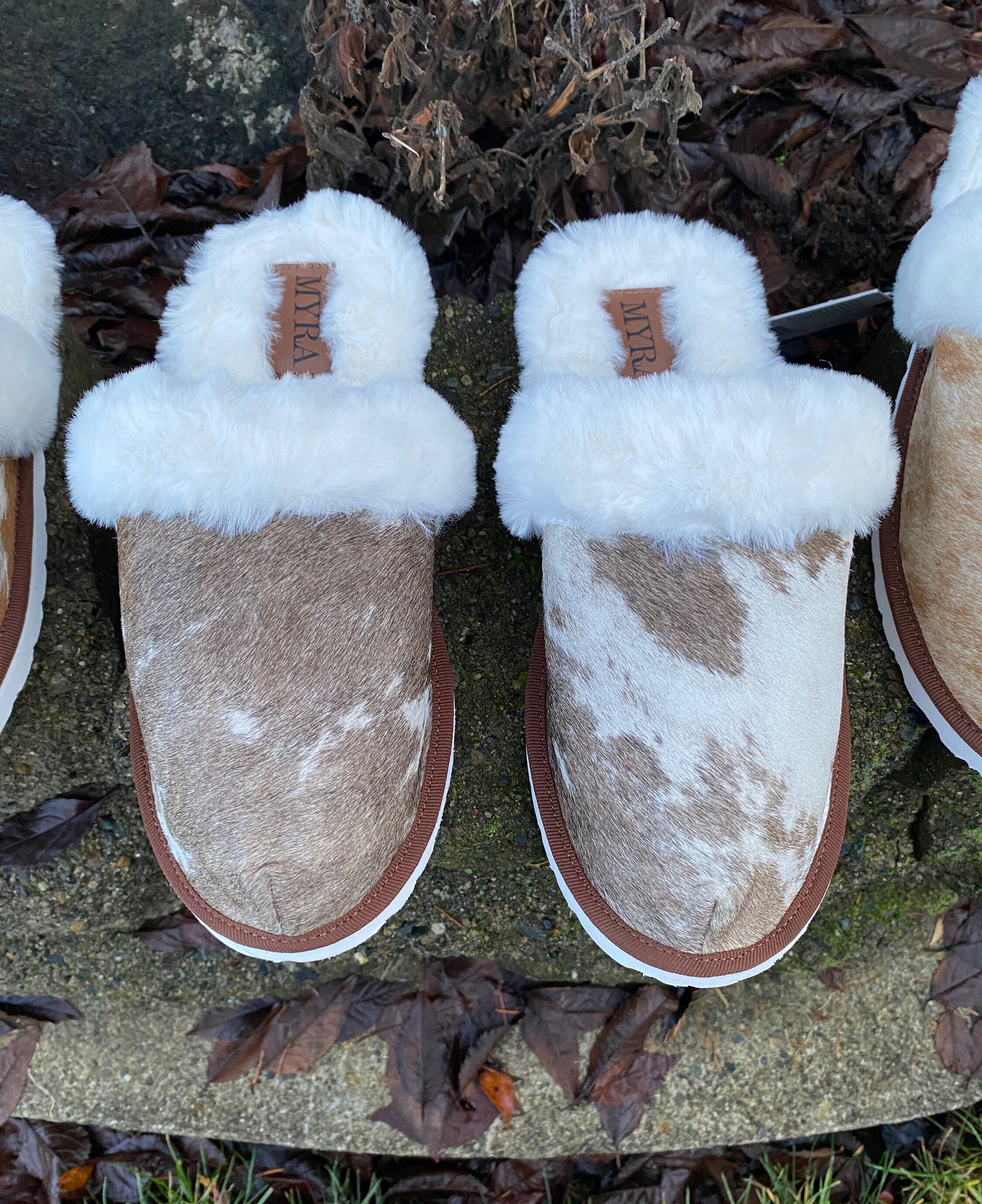 Genuine Cowhide Slippers Brown and White - Etsy