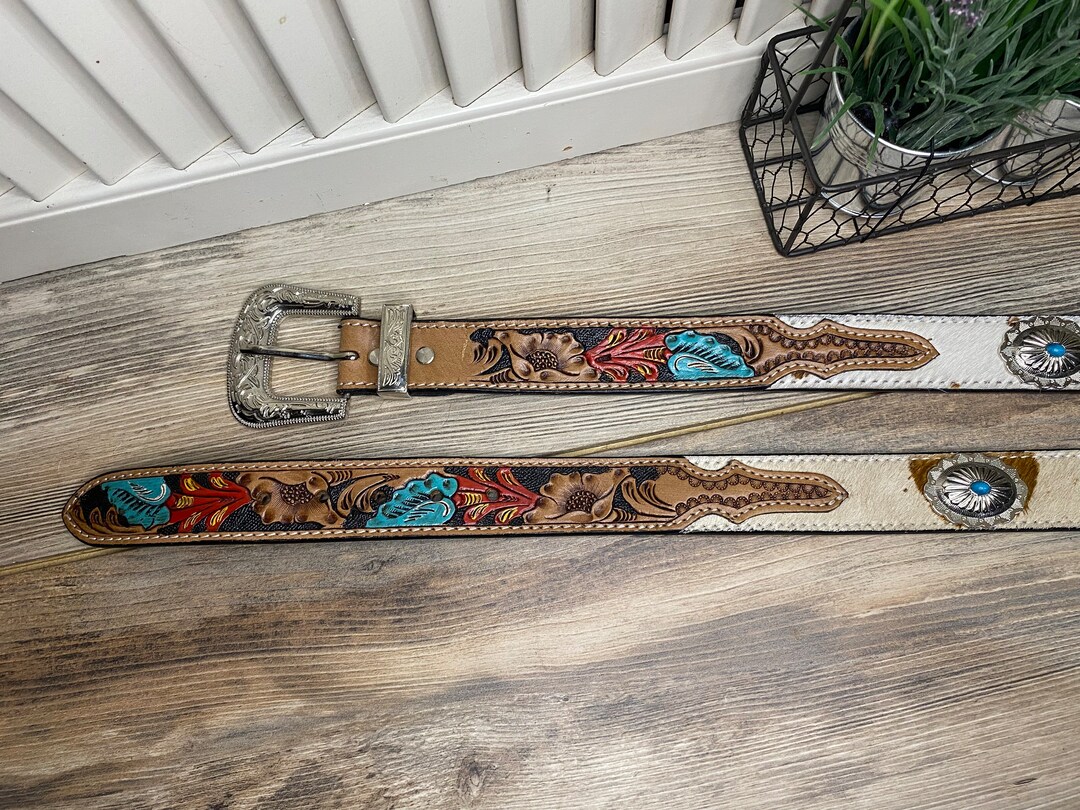 Western Tooled Leather Belt Cowhide Belt Concho Belt - Etsy