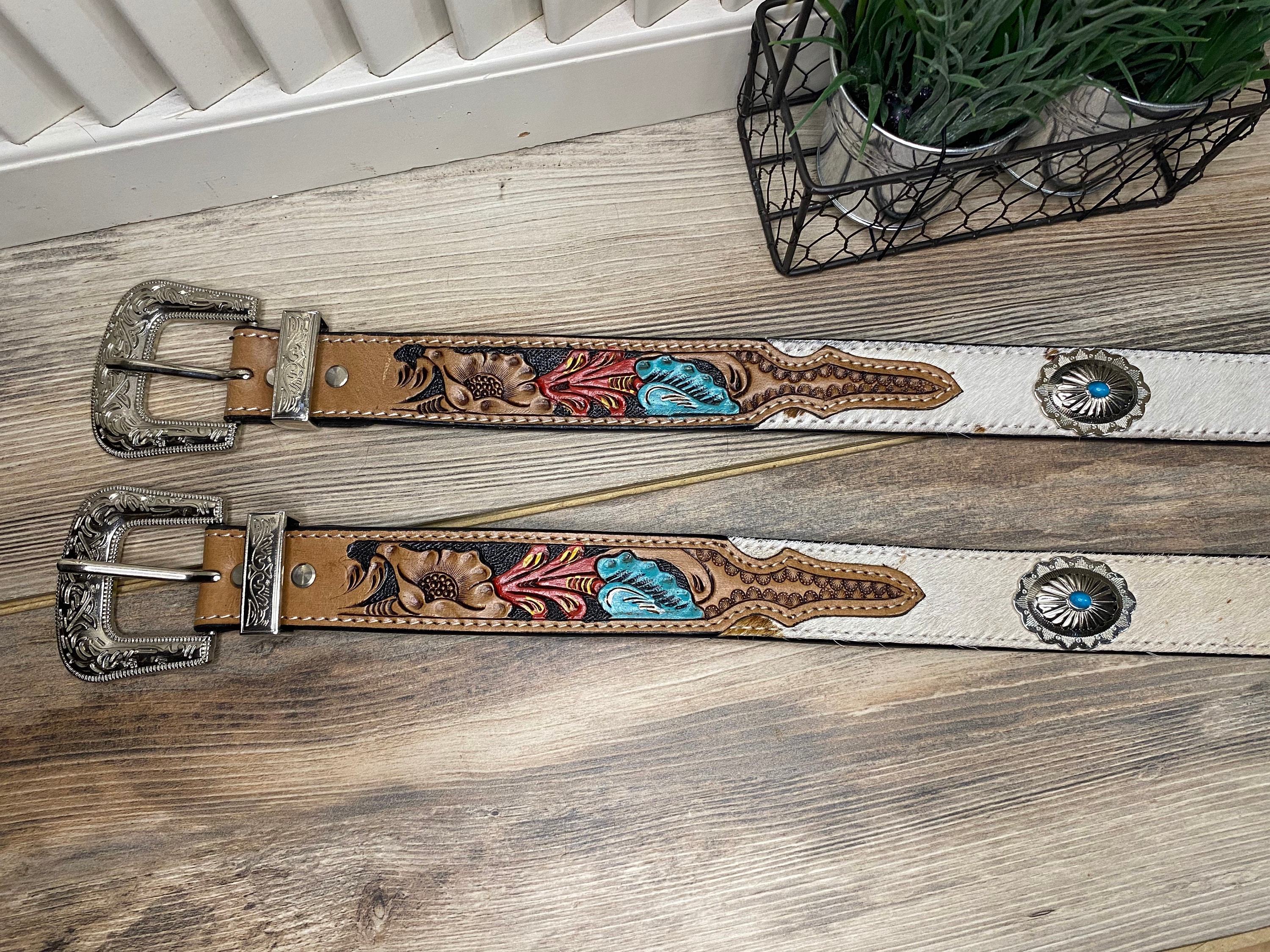 Western Tooled Leather Belt Cowhide Belt Concho Belt - Etsy