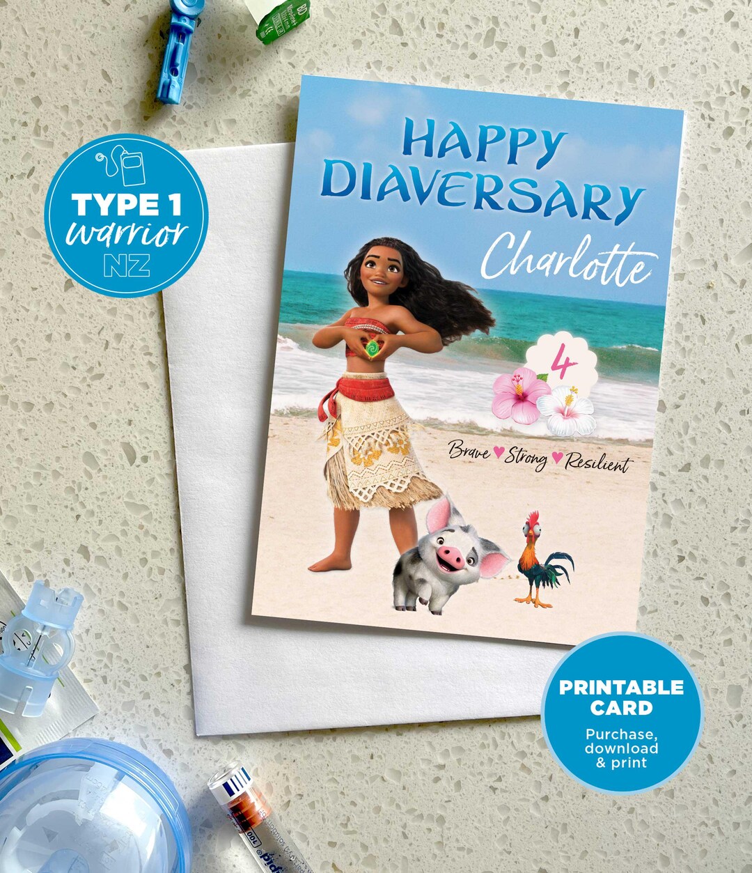 Type 1 Diabetes | Moana Happy Diaversary | T1D Personalised Blank Card ...