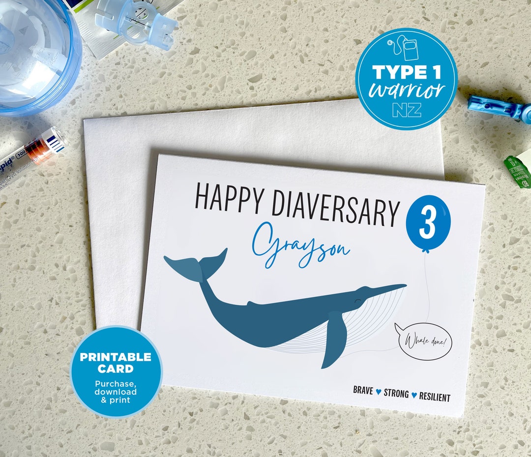 Type 1 Diabetes | Whale Happy Diaversary | T1D Personalised Blank Card ...