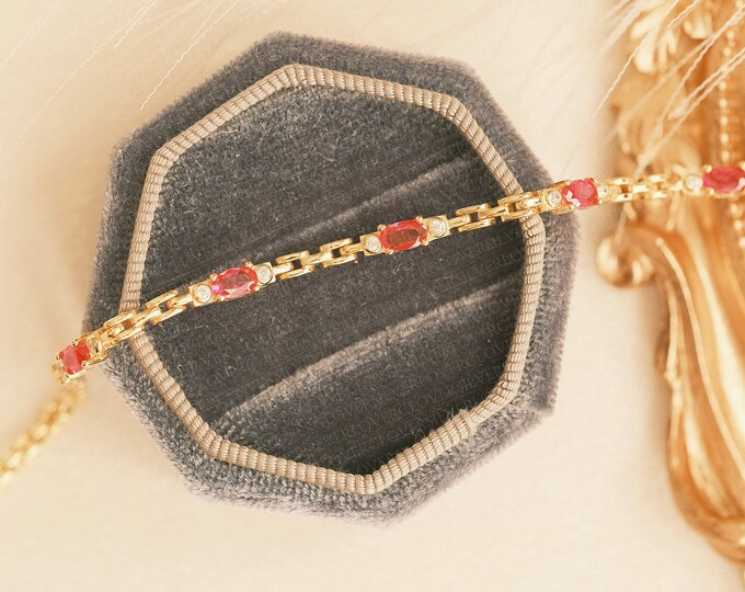 Solid 14K Gold and Natural Ruby Bracelet With Adjustable Clasp, Faceted ...